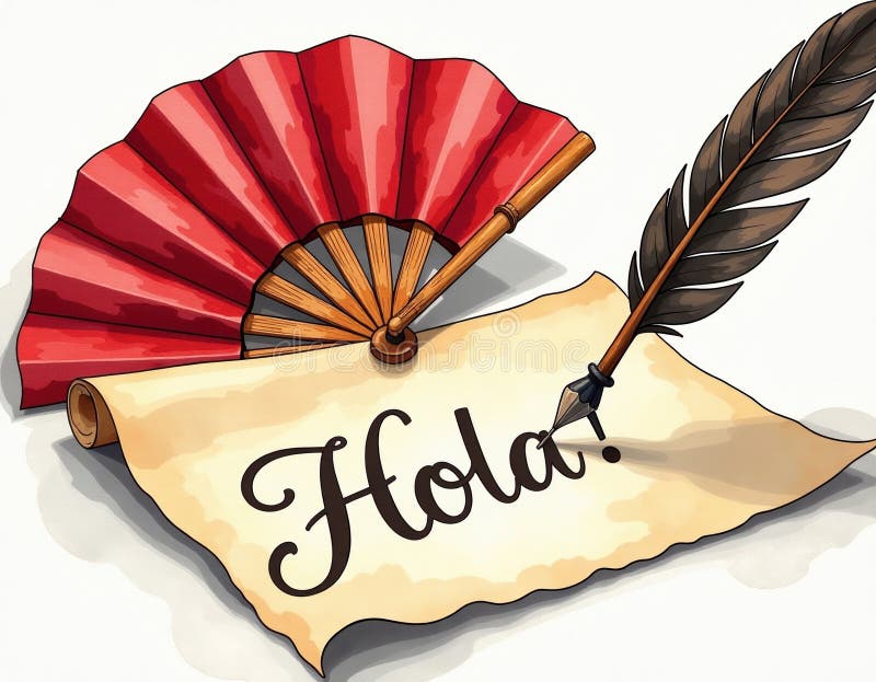 Hola! Spanish Greeting with Hand Fan and Quill Pen Stock Illustration ...