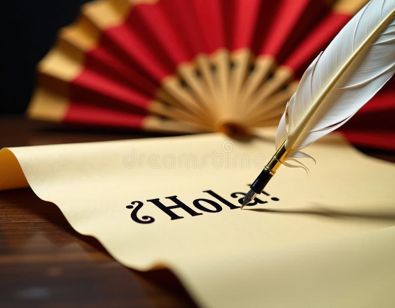 Hola! Spanish Greeting with Quill Pen and Fan Stock Illustration ...