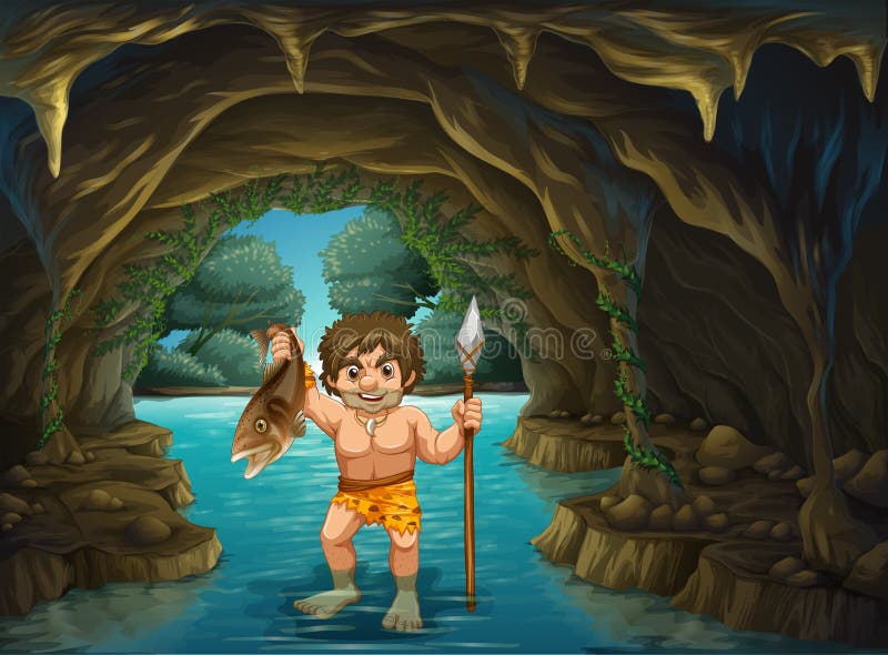 Holbewoner en vissen vector illustratie. Illustration of onbeschaafd ...