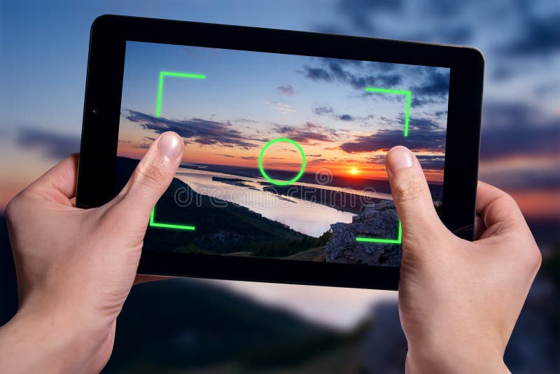 Hold Black Tablet on Hands. Shooting Nature Landscape Stock Image ...