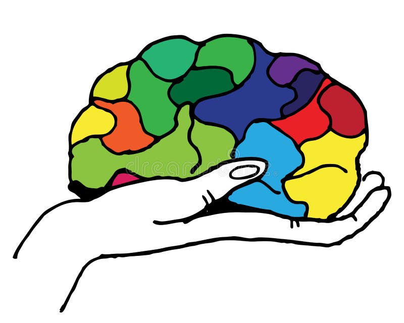 Hold Multi-colored Brain in Hand, Drawing on a White Background ...