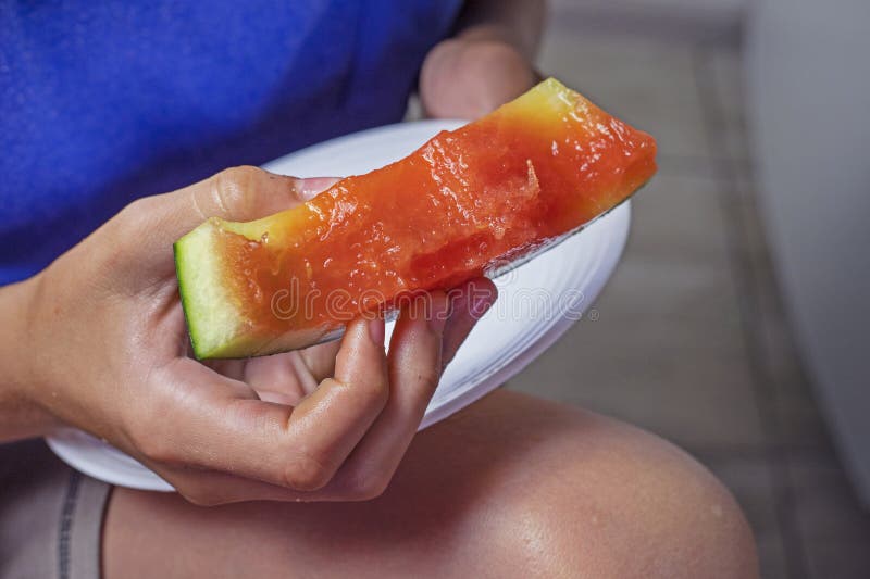 Hold a Piece of Half-eaten Watermelon Stock Image - Image of natural ...