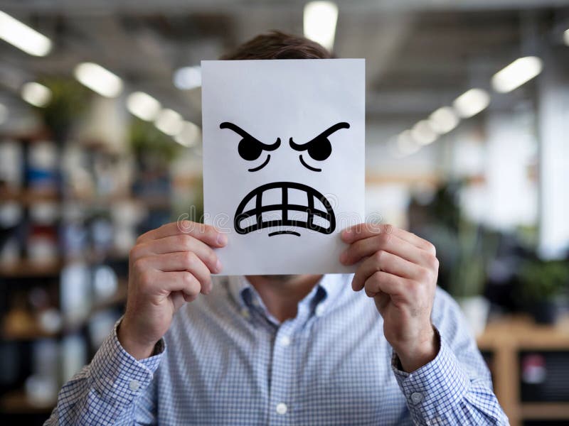 Holding an Angry Smiley Face Paper in a Modern Open Office Stock ...