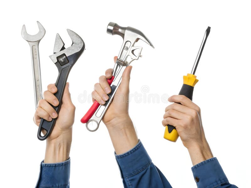 Holding Assorted Hand Tools Upright on White Background Stock Image ...