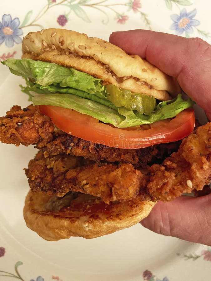 Holding a Big Fried Chicken Sandwich Stock Image - Image of holding ...