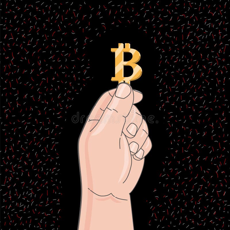 Holding Bitcoin Sign on Black Background. Vector Flat Illustration ...