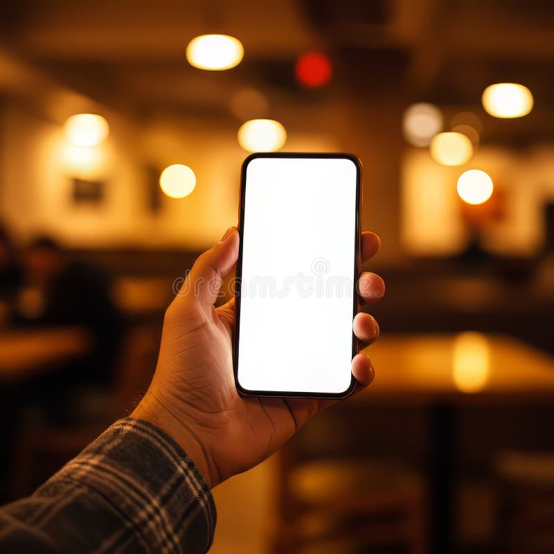 Holding Blank Smartphone in Warmly Lit Cafe or Restaurant Setting Stock ...