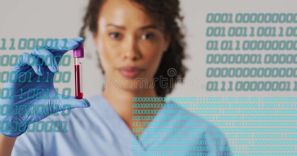 Holding Blood Sample, Healthcare Worker with Binary Code Image Over Stock Photo - Image of ...