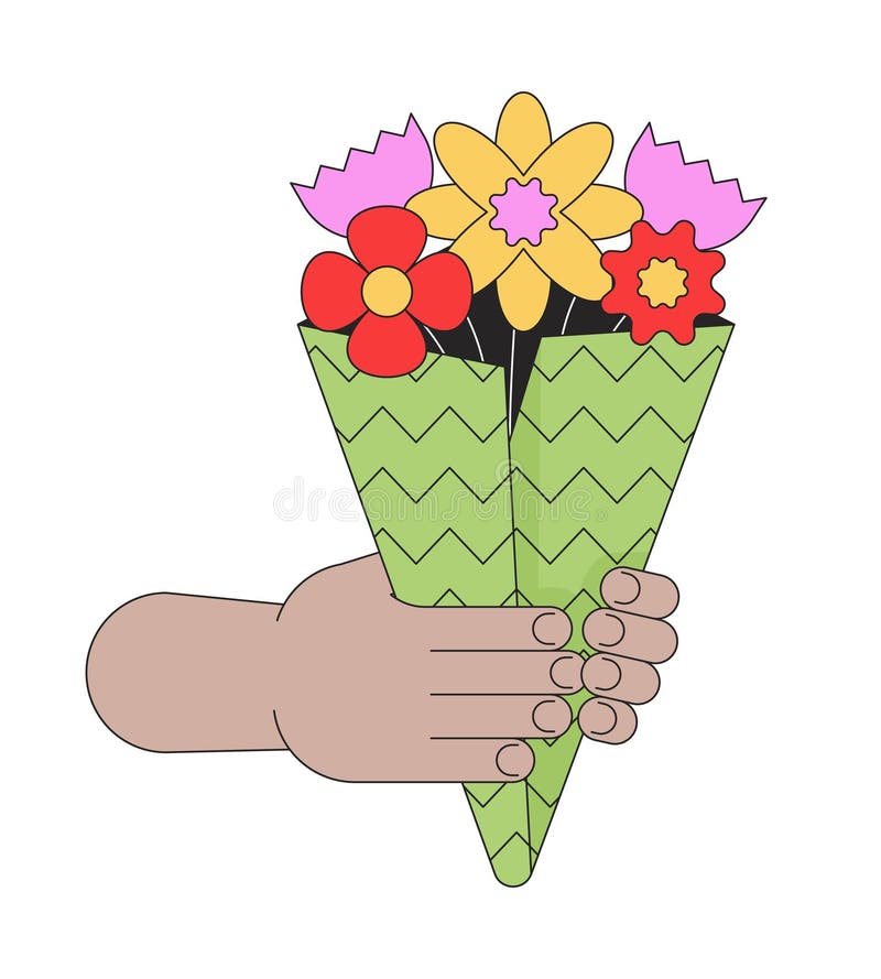 Holding Bunch of Flowers Linear Cartoon Character Hands Illustration ...