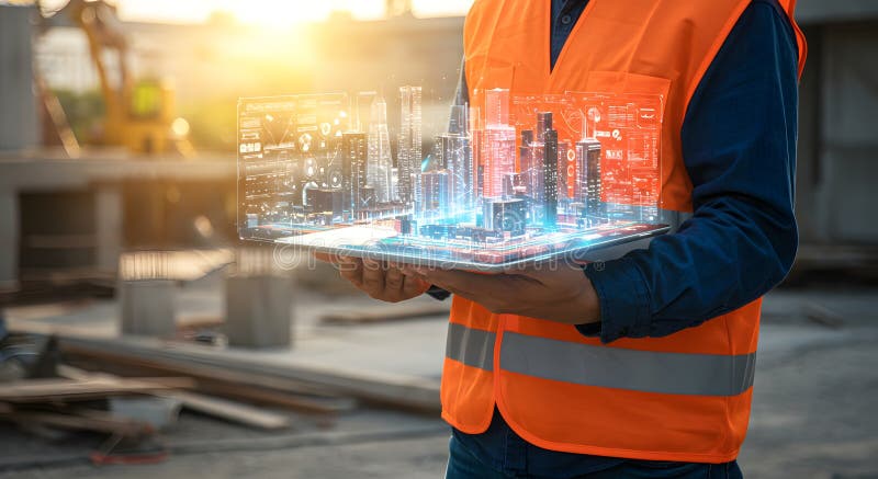 Holding City Visualization on Tablet at Construction Site Stock ...