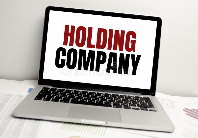 Holding Company Words on Laptop Display and Charts Stock Illustration ...