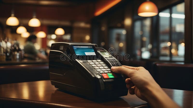 Holding a Credit Card Payment Swipe Machine in a Restaurant Stock ...