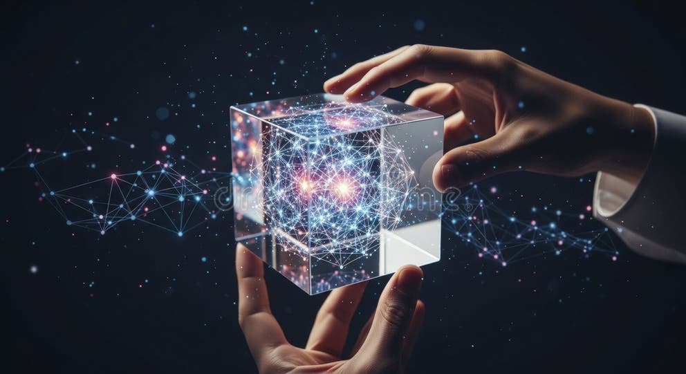 Holding Futuristic Cube with Digital Network Inside Technology Concept ...
