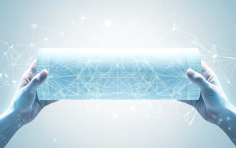 Holding a Futuristic Digital Screen with Glowing Connections in a ...