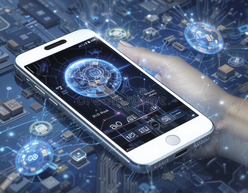 Holding Futuristic Smartphone Displaying Complex Digital Information ...