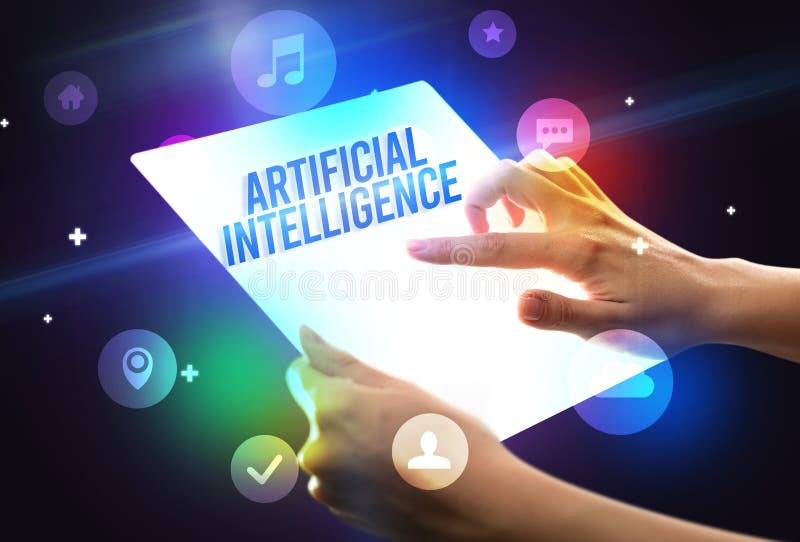 Holding Futuristic Tablet, New Media Concept Stock Illustration ...