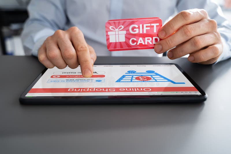 Holding Gift Card while Using Tablet Stock Image - Image of checkout ...