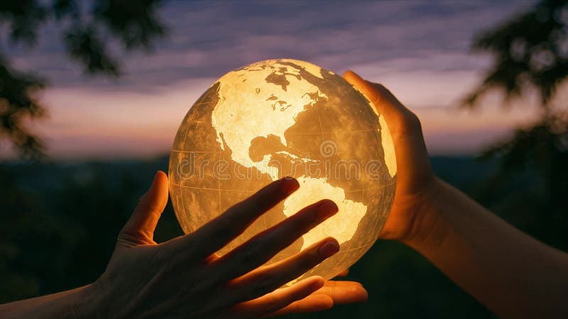 Holding a Glowing Globe at Sunset in Nature for a Moment of Reflection ...