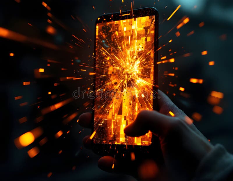 Holding Glowing Smartphone with Abstract Light Burst Technology Concept ...