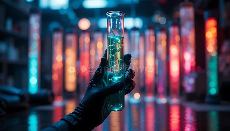 Holding Glowing Test Tube with Green Liquid in Lab Environment Stock ...