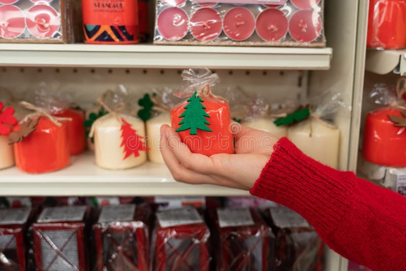 Holding Hand Red Candle. Selection of Candle for the New Year and New ...
