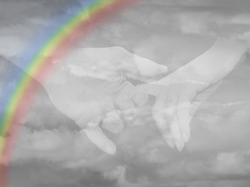 Touching A Rainbow In The Sky With Fingers Stock Photo - Image of ...