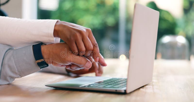 Holding Hands, Help and People Typing on Laptop at Desk in Home Closeup ...