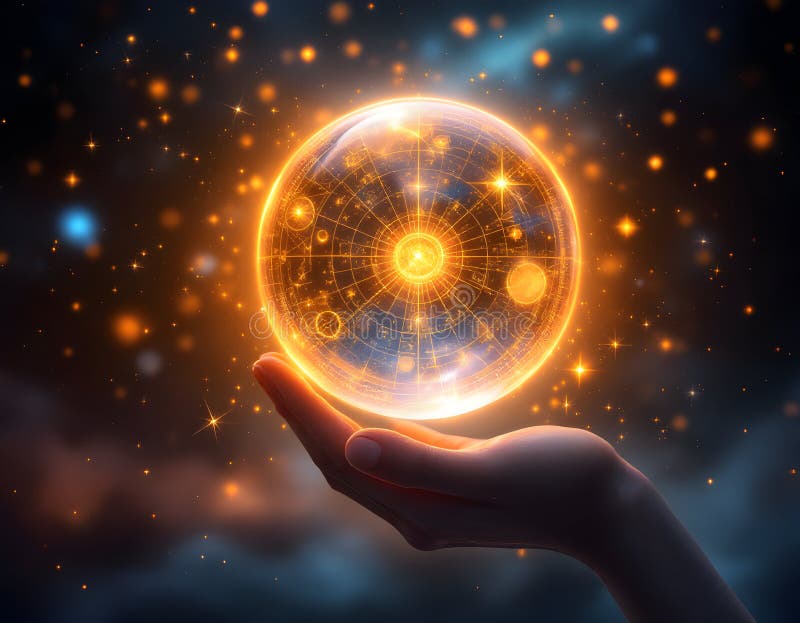 Holding an Illuminated Orb Featuring Celestial Symbols in Night Sky ...