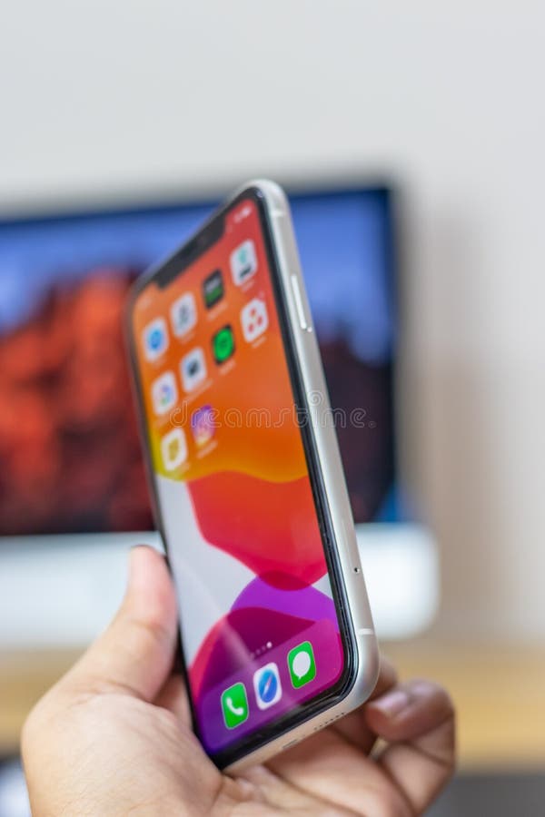Holding IPhone 11 White Color Version Side Editorial Stock Photo ...