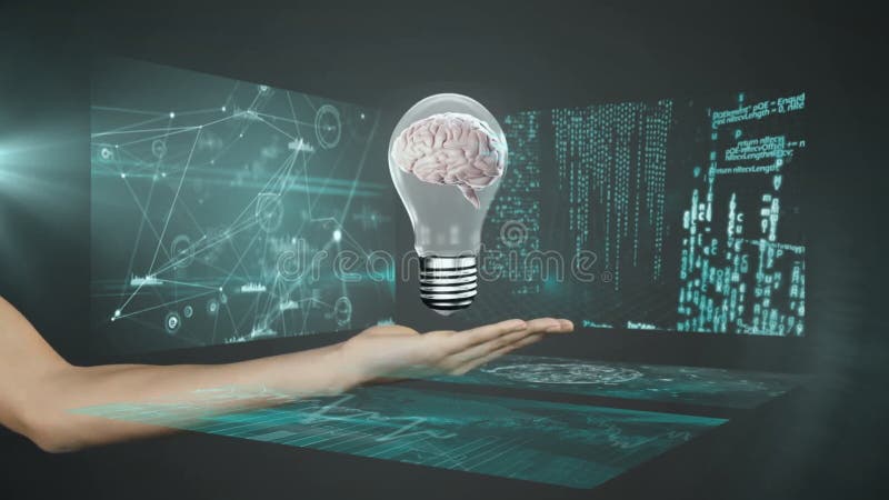 Holding Light Bulb with Brain, Hand Showing Animation of Digital Data ...
