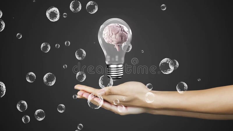 Holding Light Bulb with Brain Inside, Hand Surrounded by Bubbles ...