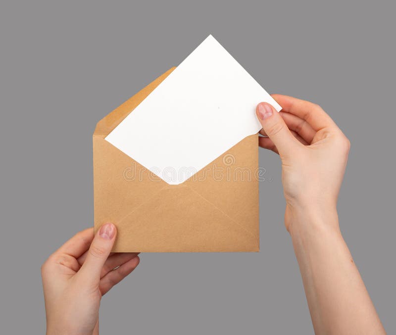 Holding Open Envelope with White Blank Card Inside, Postcard Mockup ...