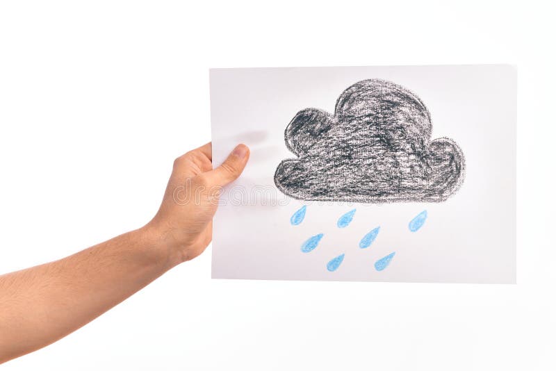 Holding Paper Sheet with a Drawing of a Dark Cloud with Drops, Raining ...