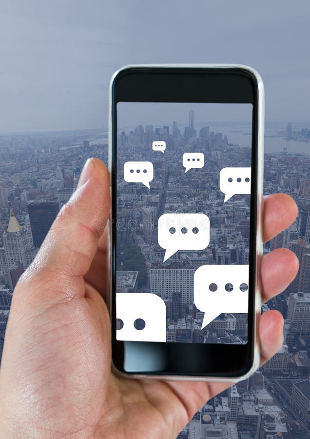 Holding Phone and Chat Bubble Icons Over City Stock Photo - Image of ...