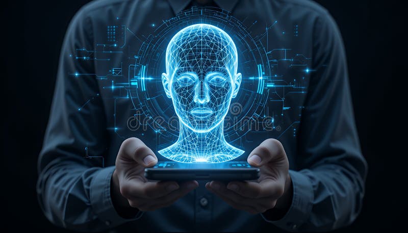 Holding Phone Displaying Digital Face Scanning Technology for ...