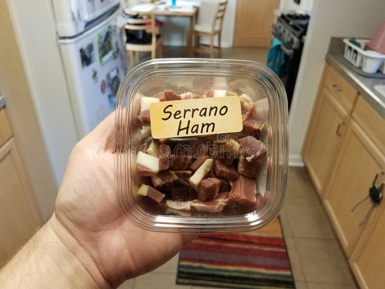 Holding Plastic Container of Serrano Ham in Kitchen Stock Photo - Image ...