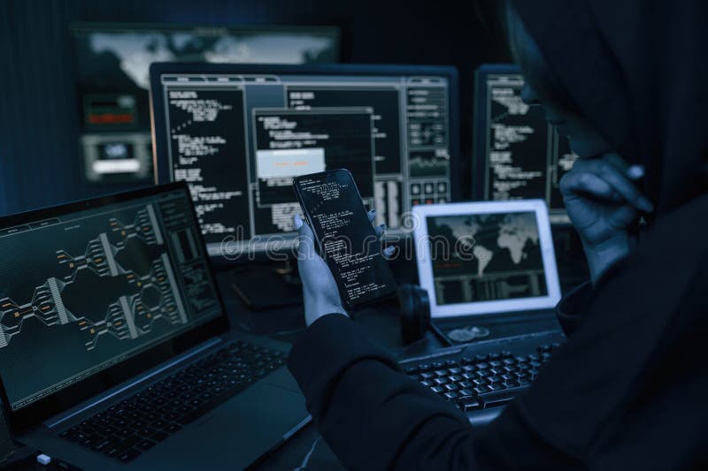 Holding Smartphone with Code. Young Professional Female Hacker is ...