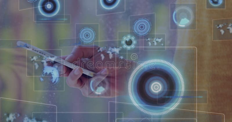 Holding Smartphone Revealing Floating Digital HUD Elements and World ...