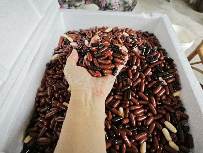 Holding a Stack of Capsule and Tablet Pills in the Hand. Stock Photo ...