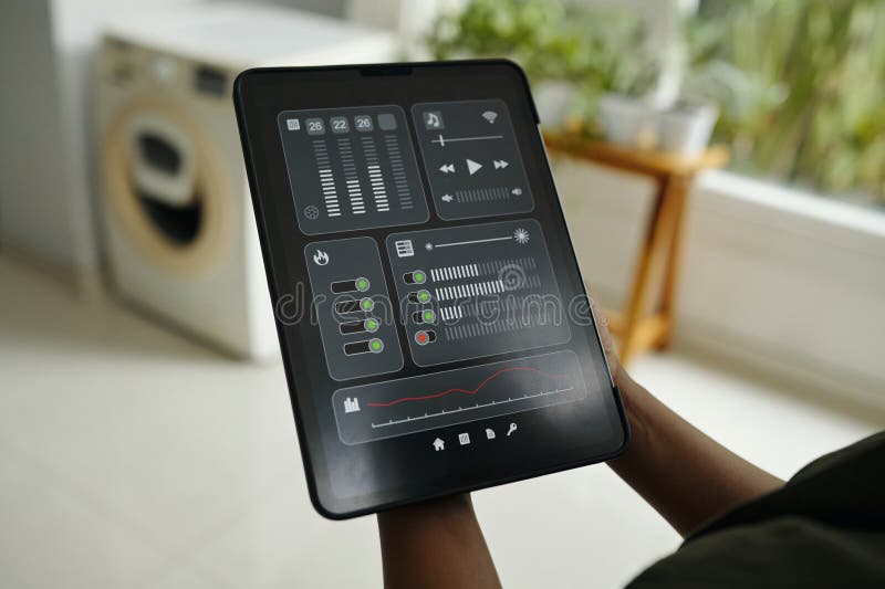 Holding Tablet Displaying Modern Home Automation Interface Stock Image ...