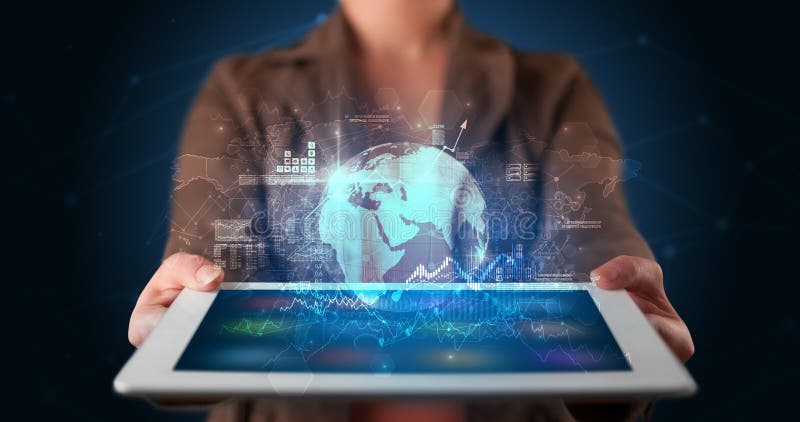 Holding Tablet with Global Database Stock Photo - Image of interface ...