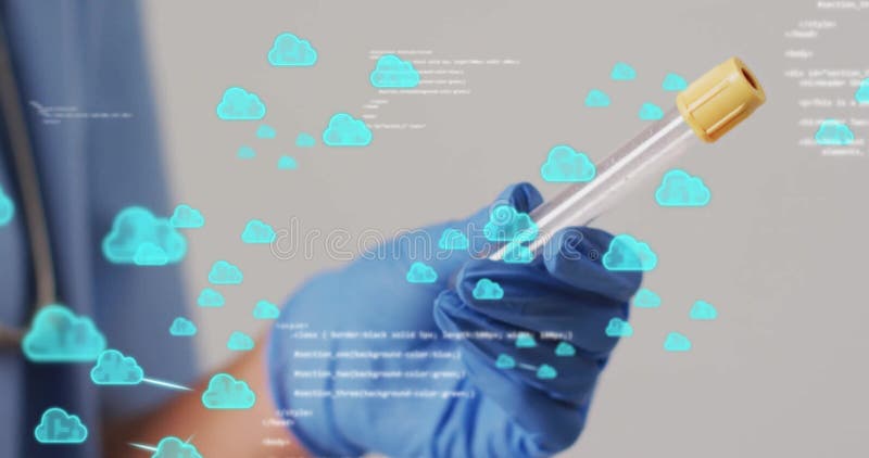 Holding Test Tube, Gloved Hand with Cloud Icons and Data Processing ...