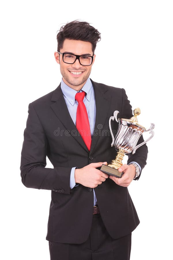 Business Man Holding a Gold Trophy Stock Photo - Image of laughing ...