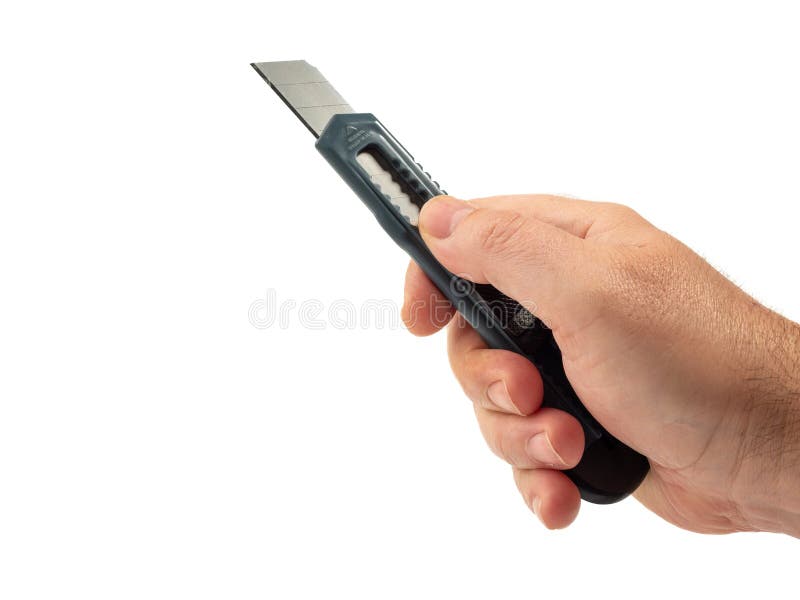 Holds a Box Cutter in His Hand on a White Background. Stock Photo ...