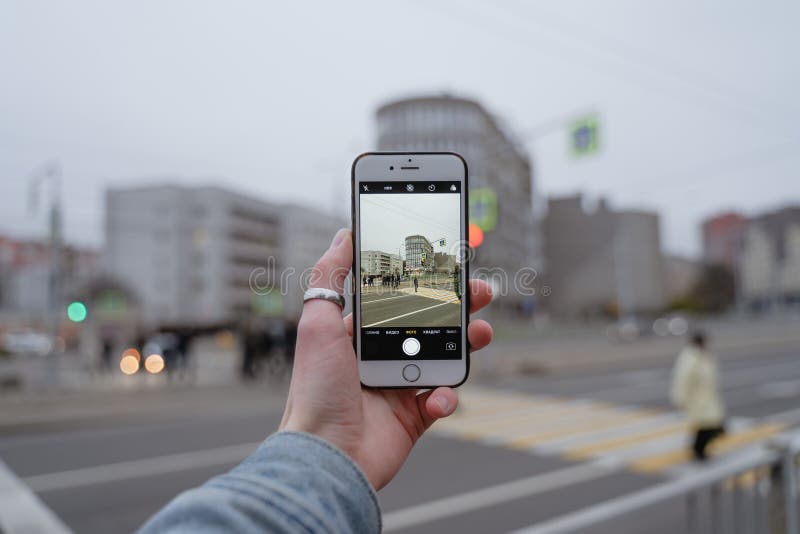 Holds a Mobile Phone in His Hand Filming the Road, a Camera in a Camera ...