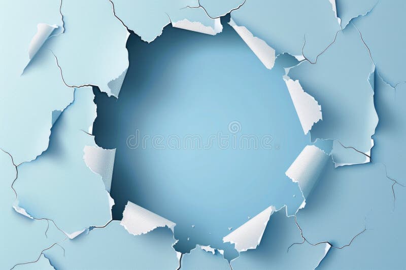 A Hole in a Blue Wall with Torn Paper, Suggesting Damage or Destruction ...