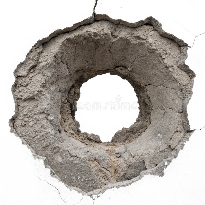 Hole in Concrete Wall Covered with Gray Cement Isolated on Transparent ...