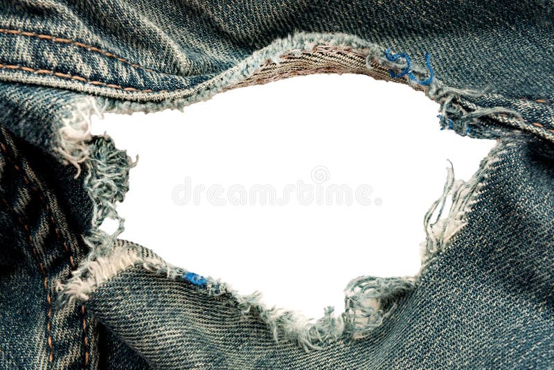 Hole in Denim on a White Background. Ripped Jeans Stock Image - Image ...