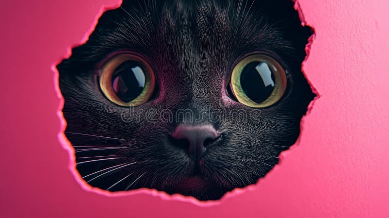 A Hole in Pink Ripped Paper Frames a Peering Black Cat Stock Image ...