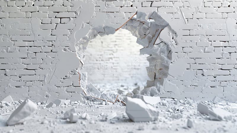 Hole in White Brick Wall with Rubble on the Ground, Abstract Background ...